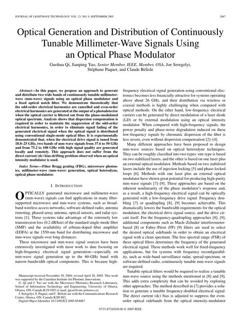 Pdf Optical Generation And Distribution Of Continuously Tunable Millimeter Wave Signals Using