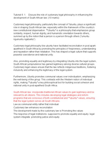 Law Tut 6 Sec Sem Customarylaw Tutorial 6 1 Discuss The Role Of Customary Legal Philosophy