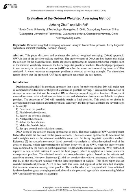 Pdf Evaluation Of The Ordered Weighted Averaging Method