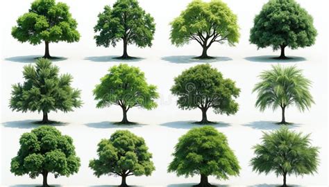 Collection Of Twelve Diverse Green Trees Isolated On White Background Features Varying Foliage