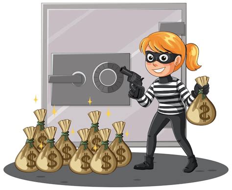 Cartoon Thief Stealing Money Bags From Bank Vault Free Vector