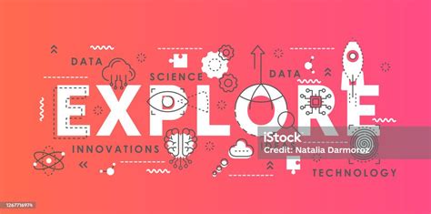 혁신 과학 기호 과학 실험실 장비 아이디어 개발 개념으로 단어 추상 적 얇은 선 벡터 일러스트레이션을 탐구하십시오 낱말에 대한