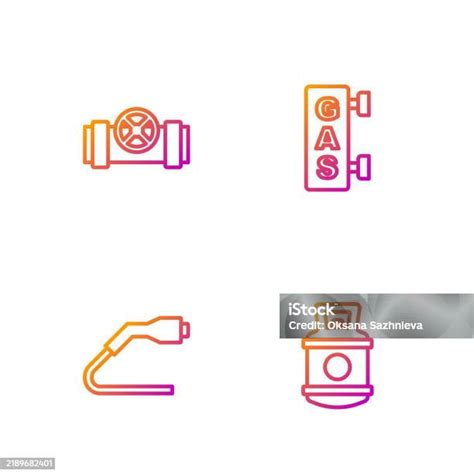 세트 라인 프로판 가스 탱크 전기 케이블 플러그 충전 금속 파이프 및 밸브 및 가스 충전소 그라디언트 색상 아이콘 벡터 0명에 대한 스톡 벡터 아트 및 기타 이미지 Istock