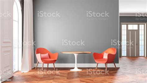 회색 벽 빨간색 분홍색의 자 테이블 커튼 창으로 빈 룸 스칸디나비아 인테리어 3d 렌더링 그림까지 조롱입니다 0명에 대한 스톡 사진 및 기타 이미지 Istock