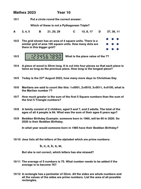 Mathex Questions Year 10 2023 Final For Printing Pdf Area Number
