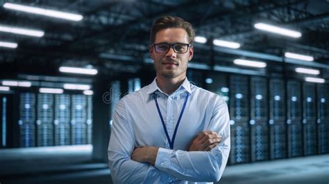 Male It Engineer Working With Laptop In Data Center Technician Or Developer Standing At The