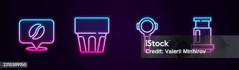 커피 원두 유리 물 커피 필터 홀더 및 에어로프레스로 라인 위치를 설정합니다 빛나는 네온 아이콘입니다 벡터 기계류에 대한 스톡 벡터 아트 및 기타 이미지 Istock