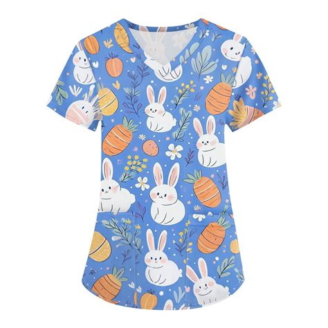 Aobliss Easter Scrub Tops For Women Cute Rabbit Egg Print Nursing