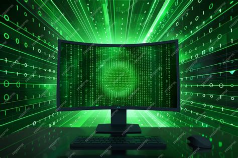 Green Binary Code Encryption On Curved Monitor Premium Photo