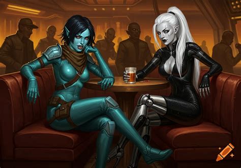 Two Stylized Female Alien Characters One In Blue Armor And One In A