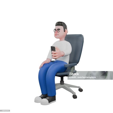 전문 비디오 편집 3d 만화 모델 남성 영상 편집자가 왼손에 핸드폰을 들고 행복한 표정으로 앉아 있다 일러스트레이션 디자인 3차원 형태에 대한 스톡 사진 및 기타 이미지