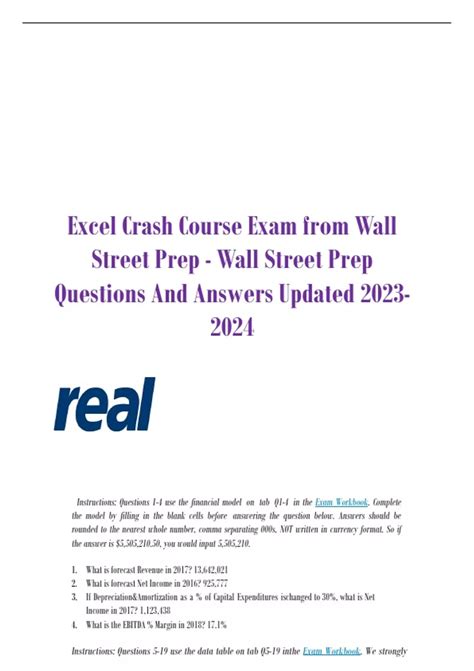 excel crash course exam from wall street prep wall street prep