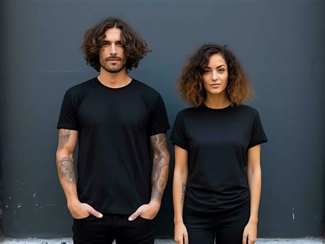 A Couple Babefriend And Girlfriend Wearing Blank Black Matching T Shirts Mockup For Design