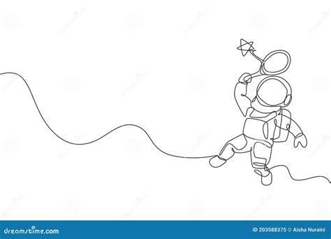 One Continuous Line Drawing Of Cosmonaut Exploring Outer Space Astronaut Hitting Star With
