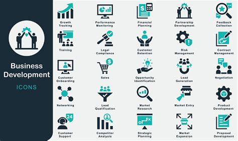 사업 개발 솔리드 아이콘 컬렉션 시장 조사 리드 생성 검증 네트워킹 개발 영업 계약 관리 고객 온보딩 지원 피드백 포함 0명에 대한 스톡 벡터 아트 및 기타 이미지 Istock