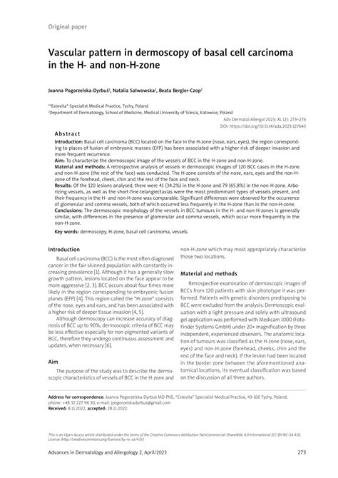 Pdf Vascular Pattern In Dermoscopy Of Basal Cell Carcinoma In The H And Non H Zone