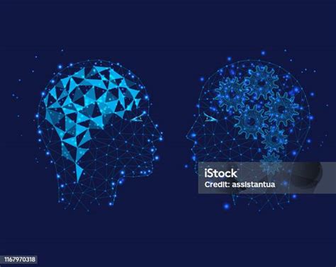 기어 바퀴와 뇌 합리적이고 창조적 인 사고 사람들 인간 사고의 개념 사고 과정의 시각화 생각의 탄생 파란색 배경에 삼각형과 점의 다각형 그림입니다 가상현실에 대한 스톡 벡터