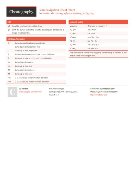 Vim Navigation Cheat Sheet By Baxter2 Download Free From Cheatography