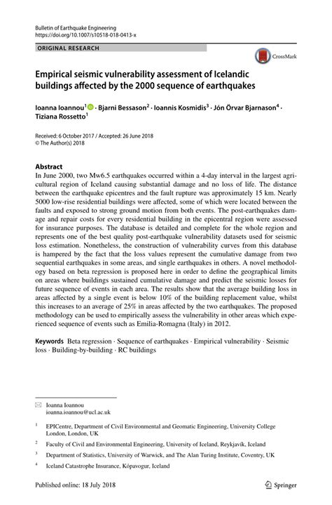 Pdf Empirical Seismic Vulnerability Assessment Of Icelandic Buildings Affected By The 2000