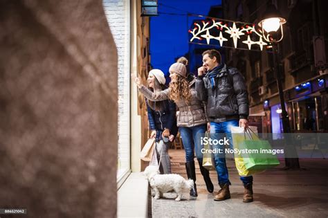 크리스마스 쇼핑입니다 가장 친한 친구 재미가 게 창문을 통해 보고 쇼핑과 거리에 웃 고 25 29세에 대한 스톡 사진 및 기타 이미지 25 29세 가방 강아지 개