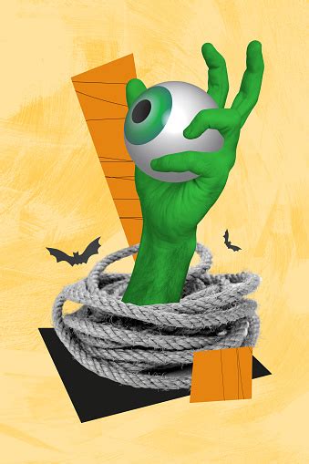 복합 경향 삽화 스케치 사진 콜라주 할로윈 가을 시즌 유령 같은 소름 끼치는 포스터 추상 손 보류 눈알 로프 박쥐 초현실적 인 3차원 형태에 대한 스톡 사진 및 기타 이미지