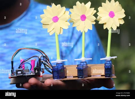 working prototype of electronic sunflower that turns towards the sunlight built with