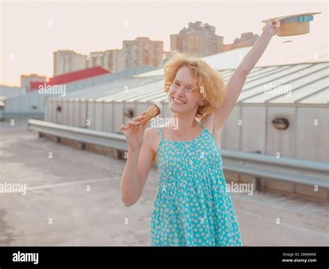 Young Happy Cheerful Curly Redhead Woman In Straw Hat Blue Sundress