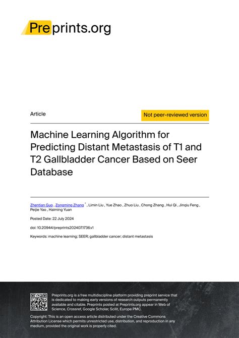 Pdf Machine Learning Algorithm For Predicting Distant Metastasis Of T1 And T2 Gallbladder