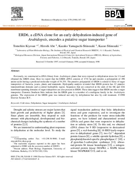 Pdf Erd6 A Cdna Clone For An Early Dehydration Induced Gene Of