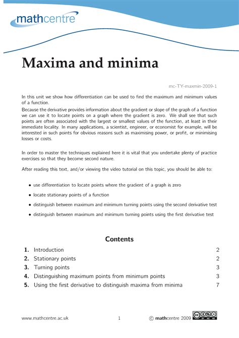 Mc Ty Maxmin 2009 1 Maxima And Minima Mc Ty Maxmin 2009 In This Unit We Show How