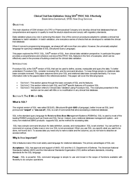 Clinical Trial Data Validation Using Sas Proc Sql Effectively Pdf