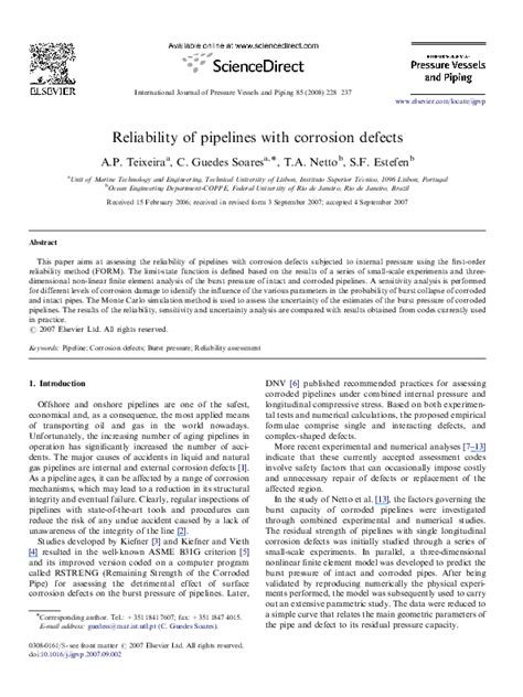 Pdf Reliability Of Pipelines With Corrosion Defects