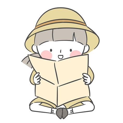 지도를 보고 있는 탐험가 캐릭터의 일러스트 프리미엄 벡터