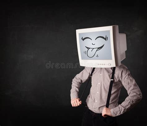 Happy Business Man With A Computer Monitor And A Smiley Face Stock Photo Image Of Funny