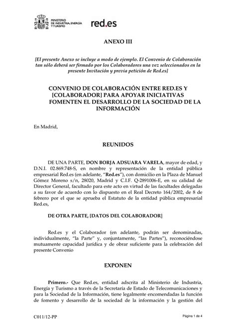 Anexo Iii Ejemplo De Modelo De Convenio De