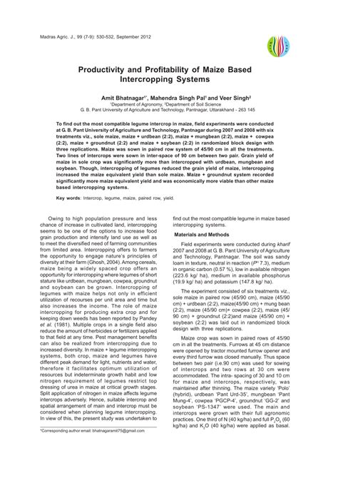 Pdf Productivity And Profitability Of Maize Based Intercropping Systems