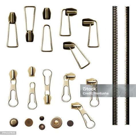 지퍼 또는 패스너 세트 옷과 의복을 위한 풀러와 지퍼 의복 조각을 고정하기 위한 간단한 금속 부품 모음 흰색 배경에 고립되어 있습니다 0명에 대한 스톡 사진 및 기타 이미지
