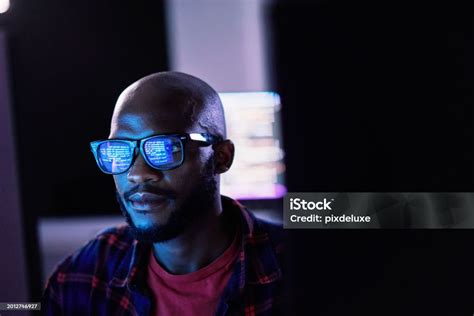 Cyber Security Black Man And Code Reflection In Eyewear Hacking And