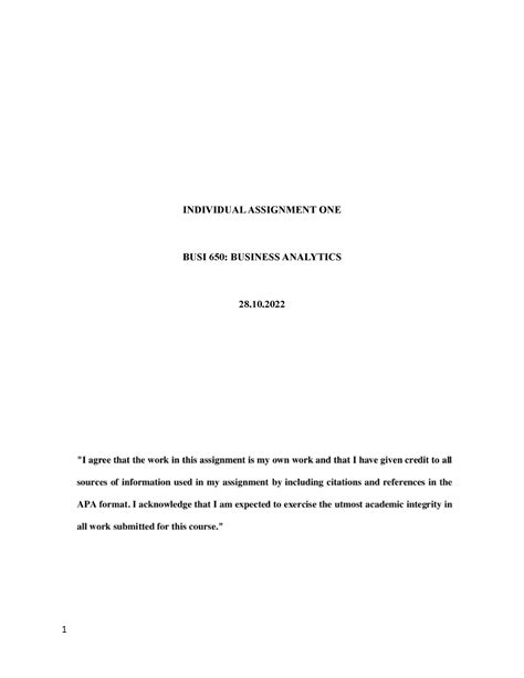Individual Assignment One Individual Assignment One Busi 650 Business Analytics 28 Table Of