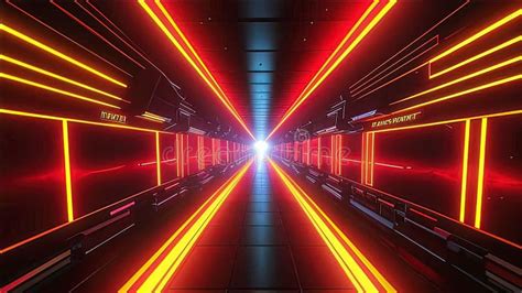 Futuristic Tunnel Of Glowing Red And Yellow Neon Lights With Perspective Stock Illustration