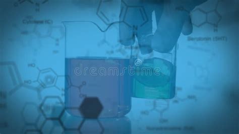 Animation Of Molecule Structures Over Cropped Hand Swirling Chemical In Laboratory Flask Stock