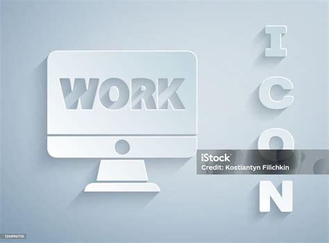 회색 배경에서 텍스트 작업 아이콘이 격리된 용지 절단 컴퓨터 모니터입니다 종이 아트 스타일 벡터 일러스트레이션 3차원 형태에