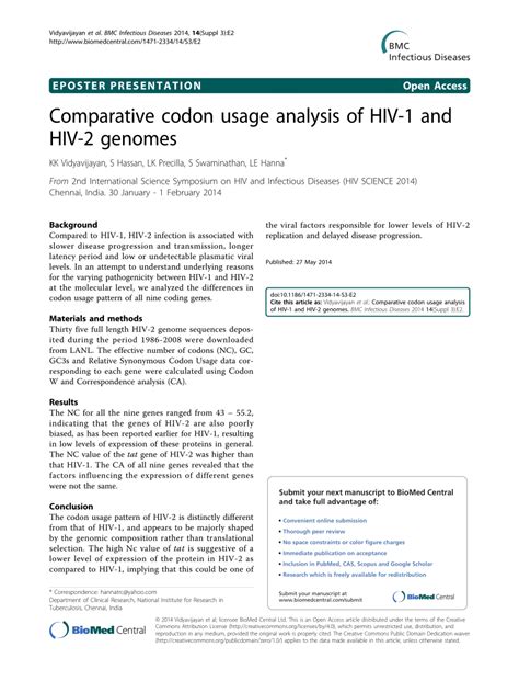 Pdf Comparative Codon Usage Analysis Of Hiv 1 And Hiv 2 Genomes