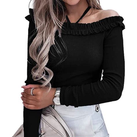 Sexy Womens Off Shoulder Long Sleeve T Shirt Blouse Hang Neck Ruffles Tops Party Ebay