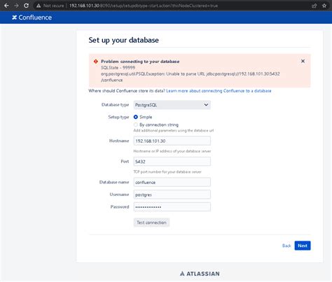 Error Testing Database Connection During Confluenc