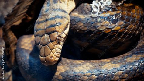 A Scaly Large Reticulated Python Coiled Up In A Knot And Waits For A Victim A Beautiful Pattern