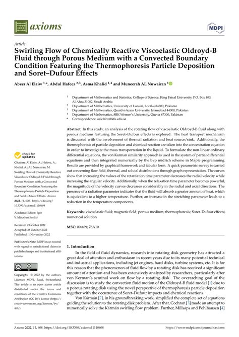 Pdf Swirling Flow Of Chemically Reactive Viscoelastic Oldroyd B Fluid Through Porous Medium