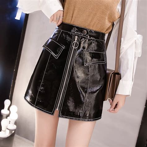 Mumuzi Women Autumn Black Bling Solid Casual High Waist A Line Leather