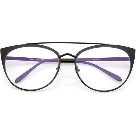 Womens Oversize Metal Crossbar Round Clear Flat Lens Cat Eye Glasses 61mm Black Clear