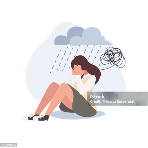 우울증에 빠진 슬픈 외로운 아시아 여고생 불행한 어린 소녀가 앉아서 울고 있다 십대에 우울한 플랫 벡터 만화 그림 감정에 대한 스톡 벡터 아트 및 기타 이미지 Istock